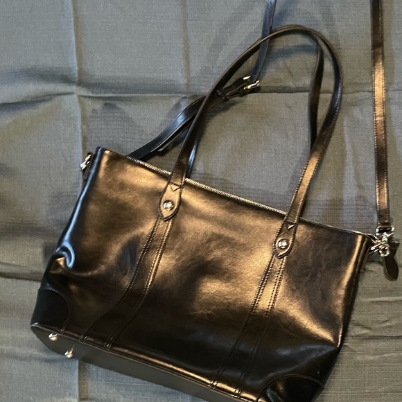 S-Zone | Bags | Szone Genuine Cowhide Leather Black Tote Bag Wsilver ...